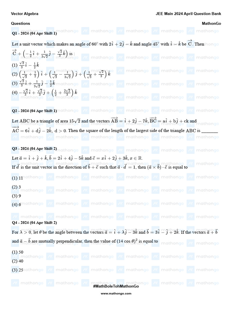 Vector Algebra - JEE Main 2024 April Question Bank - MathonGo | PDF ...