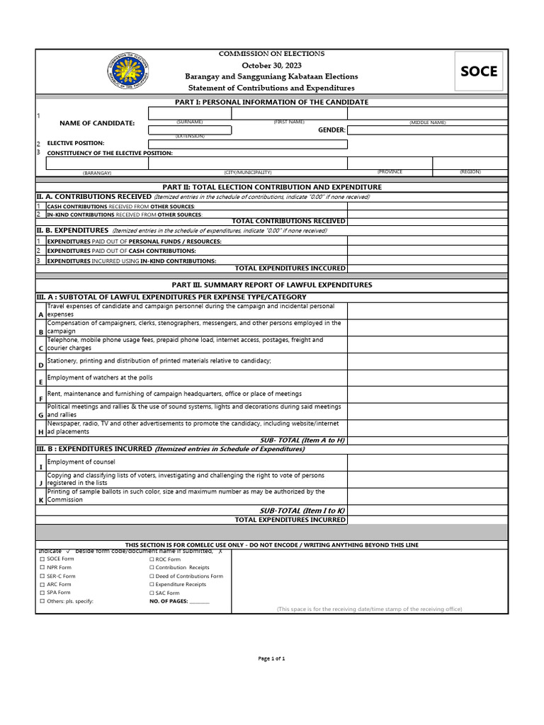 SOCE2023BSKEFORMS_FORM1_ | PDF | Expense | Elections