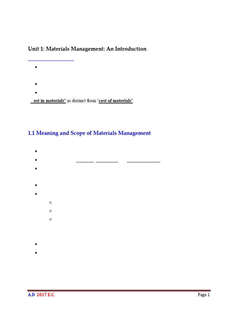 Note 1 Material Management | PDF | Expense | Cost