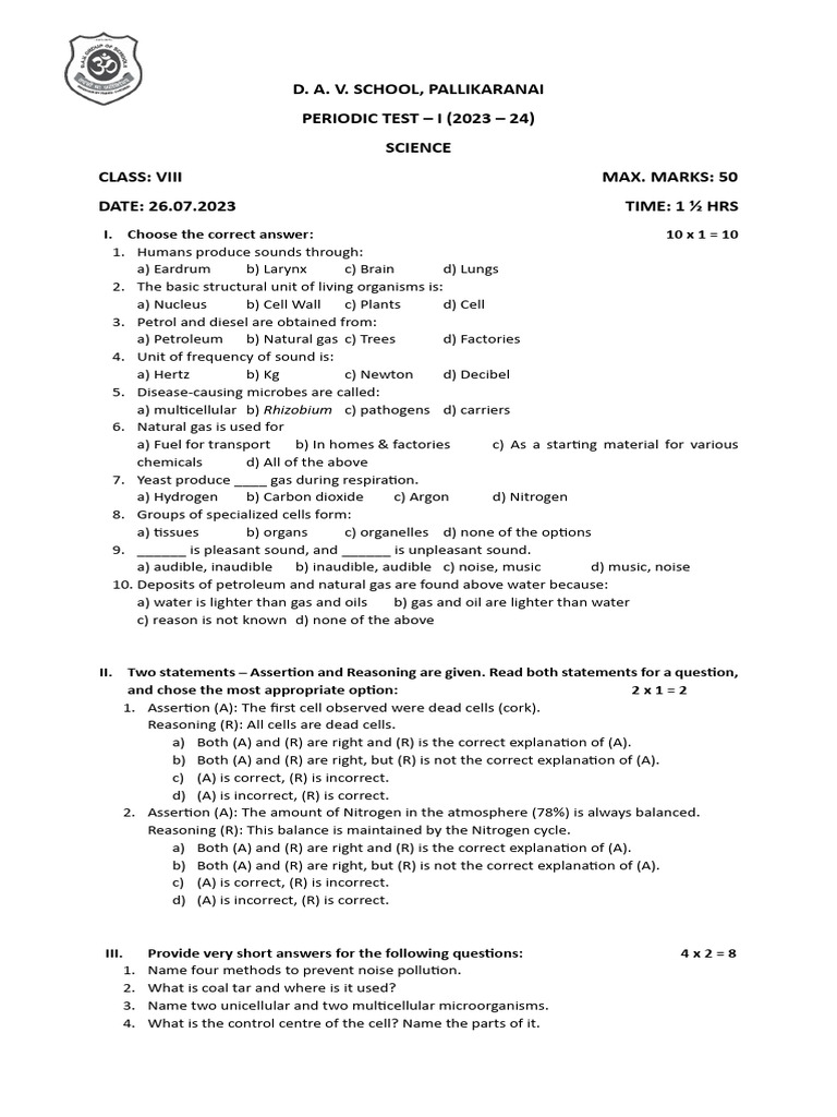 Class 8 Science Periodic Test I 2023-24 | PDF | Cell (Biology ...