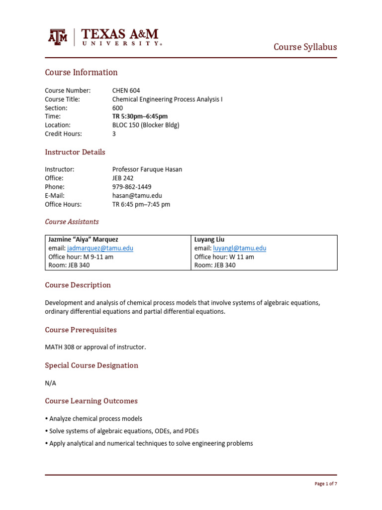 2024 Fall CHEN 604 - Syllabus | PDF | Equations | Academic Freedom