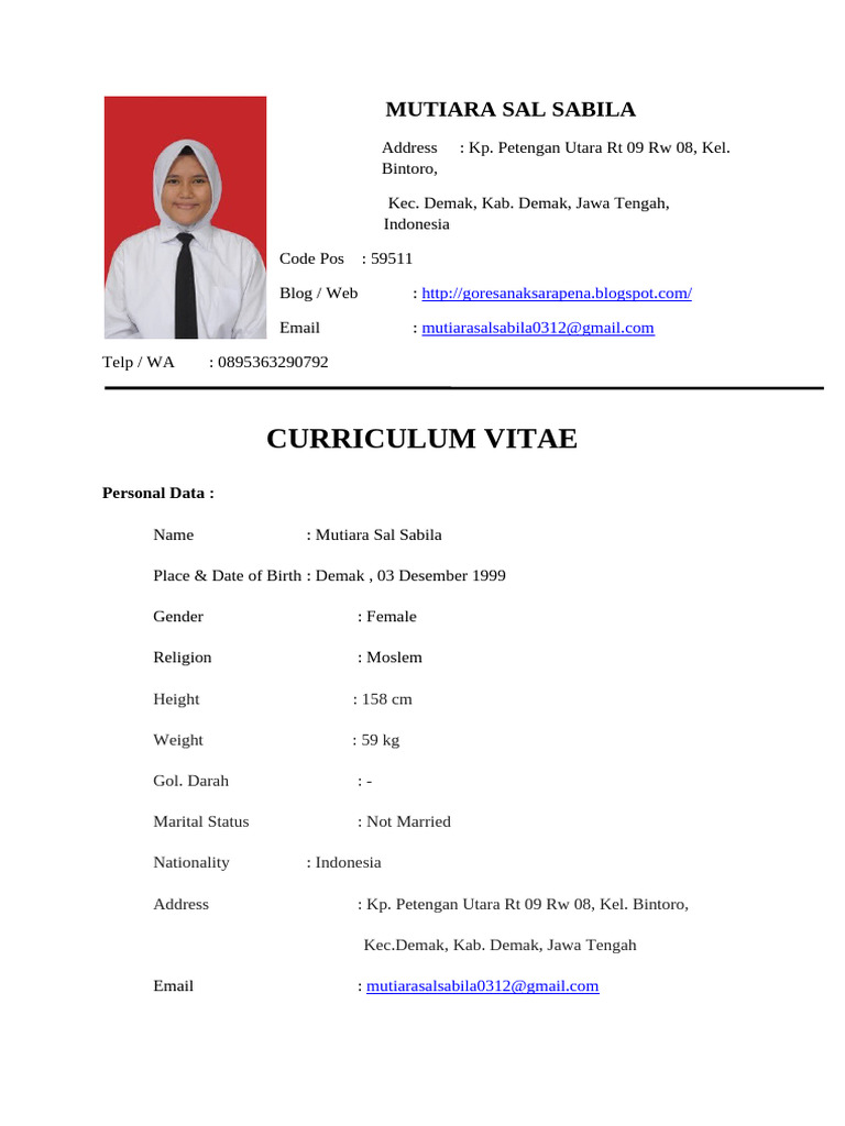 CV Mutiara Salsabila English | PDF