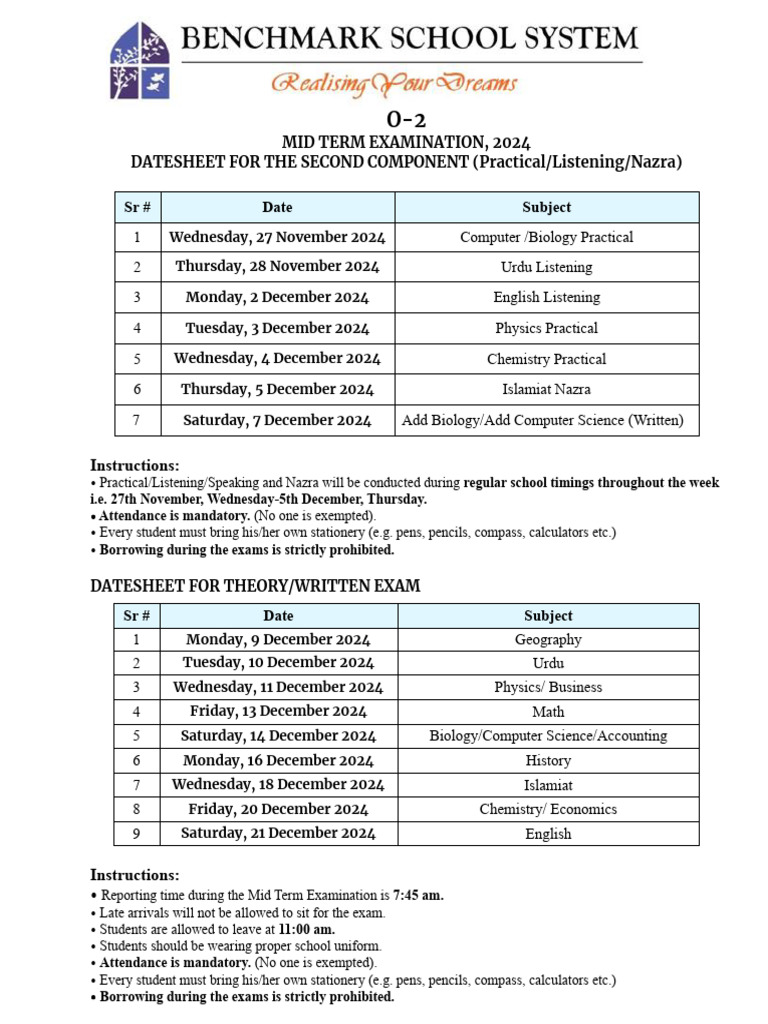 2024 Mid Term Exam Datesheet | PDF
