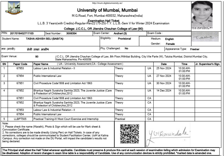Mumbai University LLB Sem V Hall Ticket | PDF | Justice | Crime & Violence