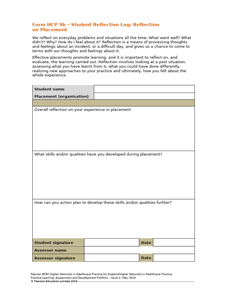 Form HCP 9b - Student Reflective Log: Reflection On Placement | PDF