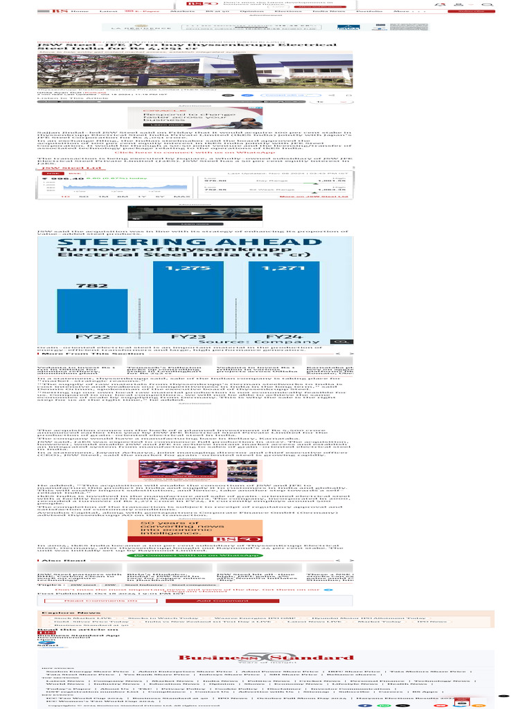 JSW Steel-JFE JV To Buy Thyssenkrupp Electrical Steel India For Rs 4,051 CR Company News ...