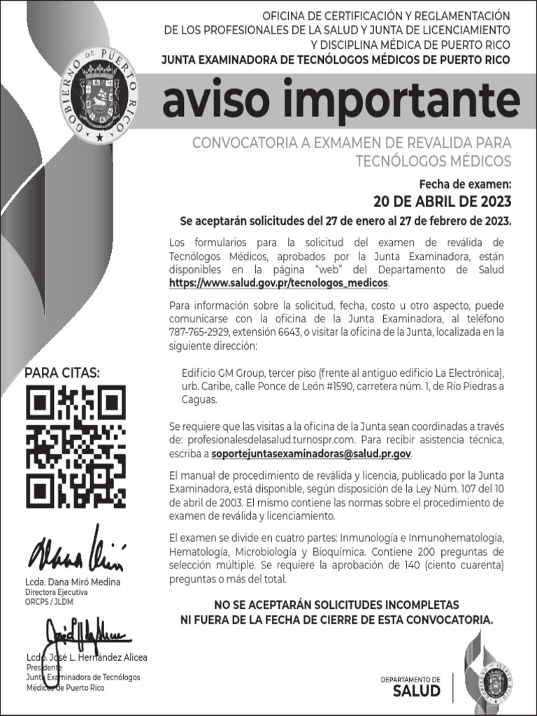 Convocatoria Examen Reválida Tecnólogos Médicos 2023 | PDF