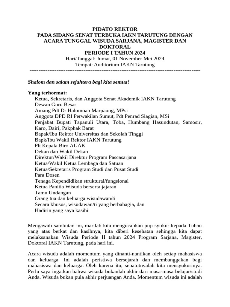 Pidato Rektor Wisuda Periode Ii November 2024 | PDF