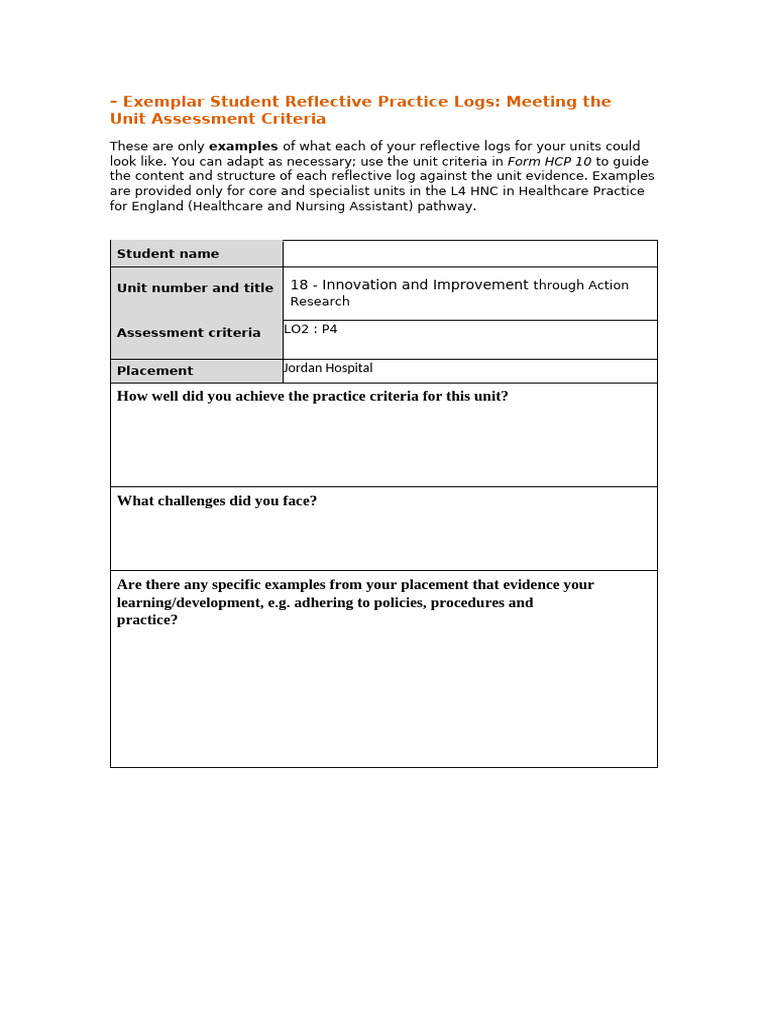 Exemplar Student Reflective Practice Logs Meeting The Unit Assessment ...