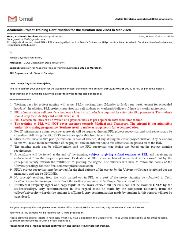 Academic Project Training Confirmation For The Duration Dec 2023 To Mar ...