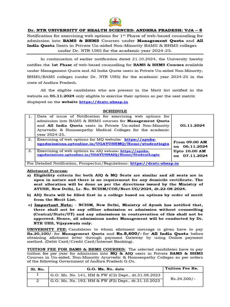 BAMS & BHMS 2024-25 Counseling Notification | PDF | Payments | Services (Economics)