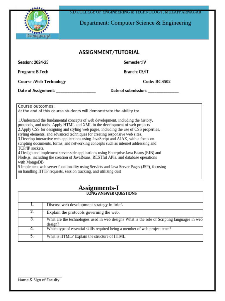 Assignment/Tutorial: Department: Computer Science & Engineering | PDF | World Wide Web ...