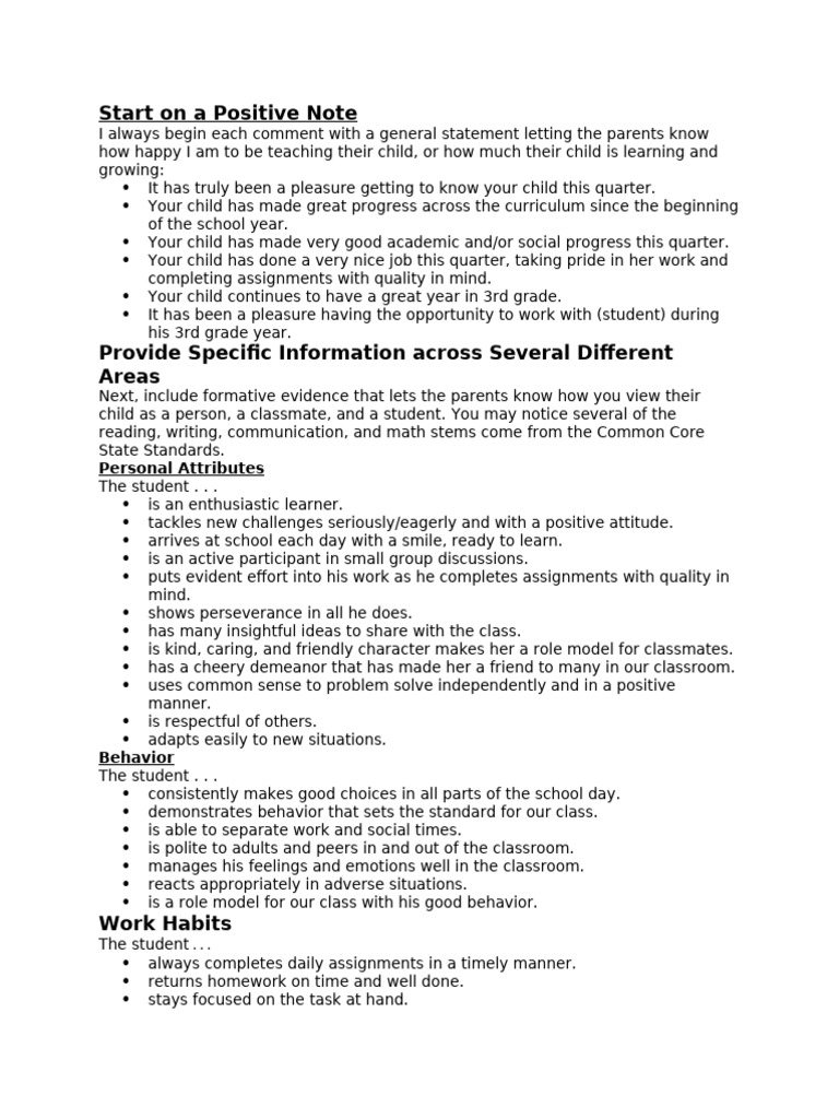 Report Card Comments | PDF | Word | Reading Comprehension