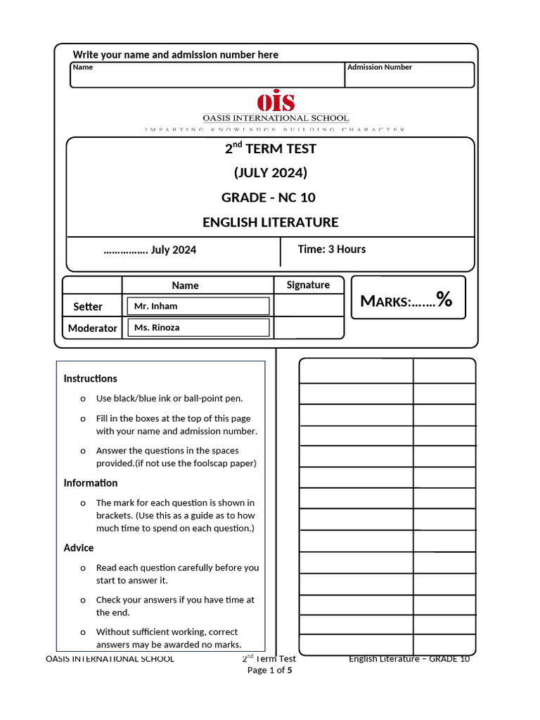 OIS G10 Eng Lit 2nd Term | PDF