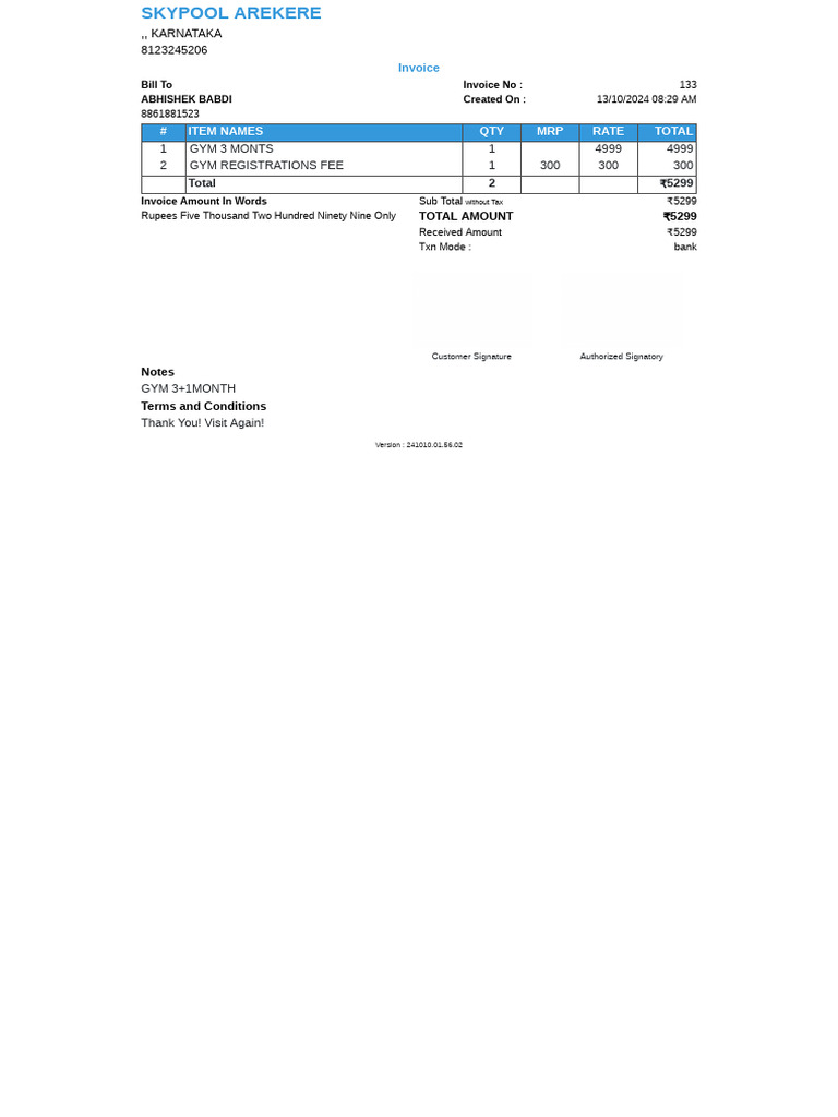 Invoice for Gym Membership - Arekere | PDF