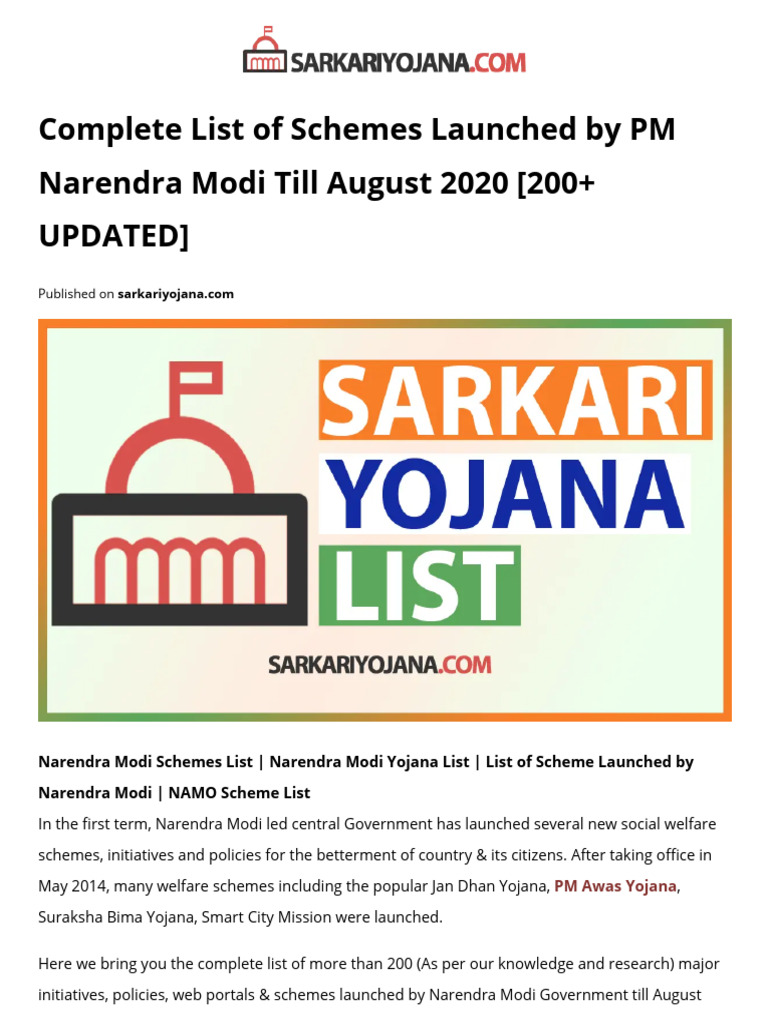 Complete List of Schemes Launched by PM Narendra Modi Till August 2020 ...