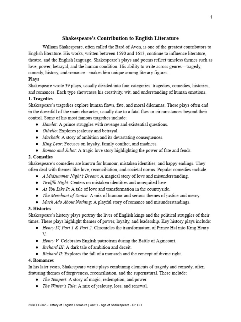 Shakespeare's Contribution To English Literature | PDF | William ...
