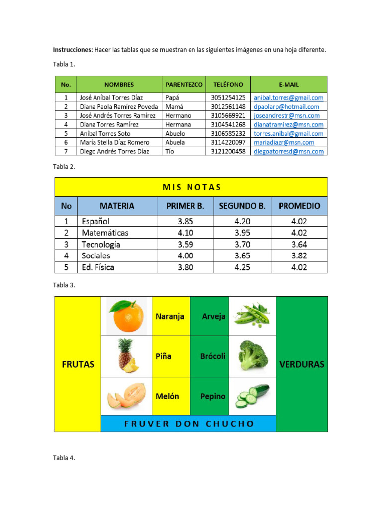 Ejercicios de Tablas en Word | PDF | Métodos y materiales de enseñanza | Hogar, jardinería y ...