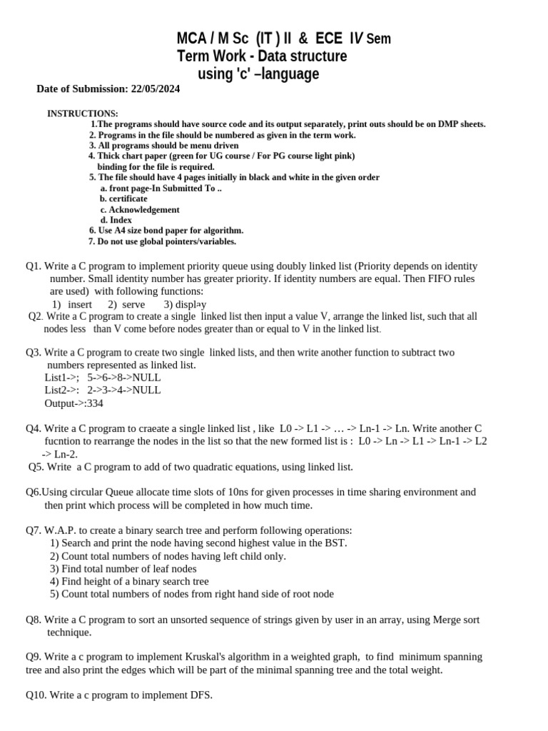 TERM WORK MCA II MSC IT II ECE IV DS 2024 | PDF | Algorithms And Data ...