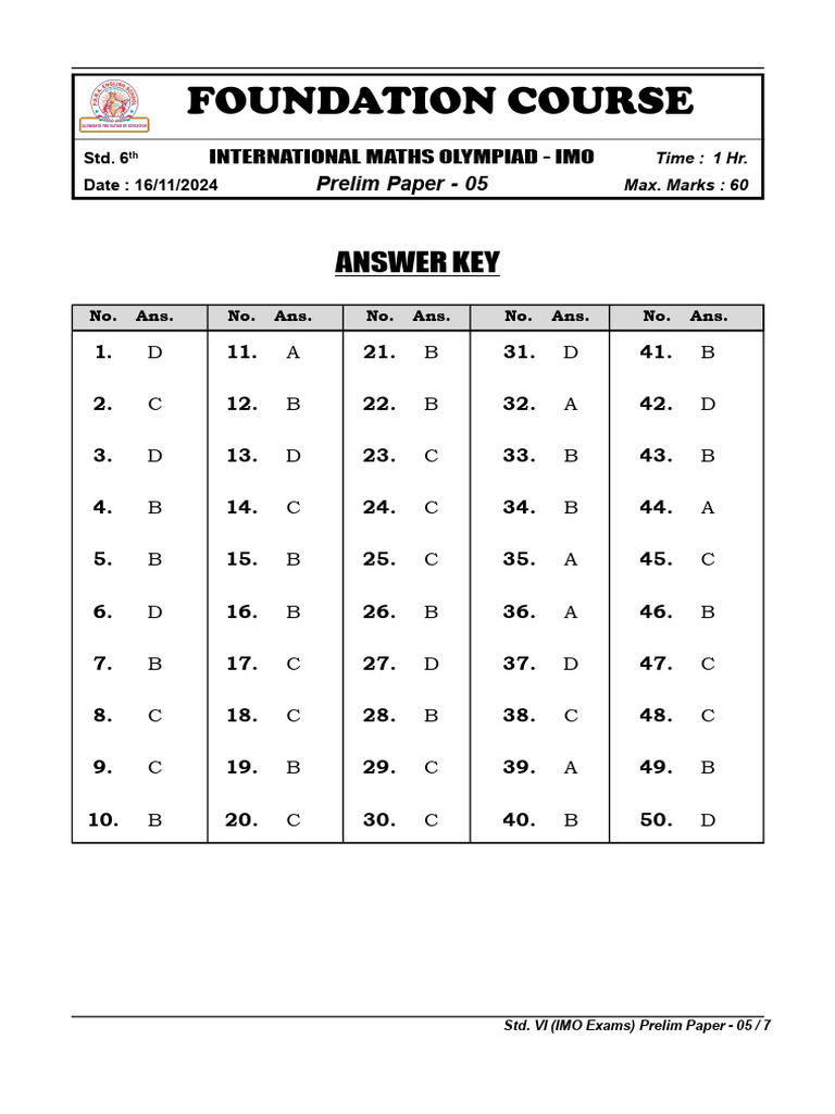 Answer Key - 6th - IMO Prelim Paper - 06 | PDF