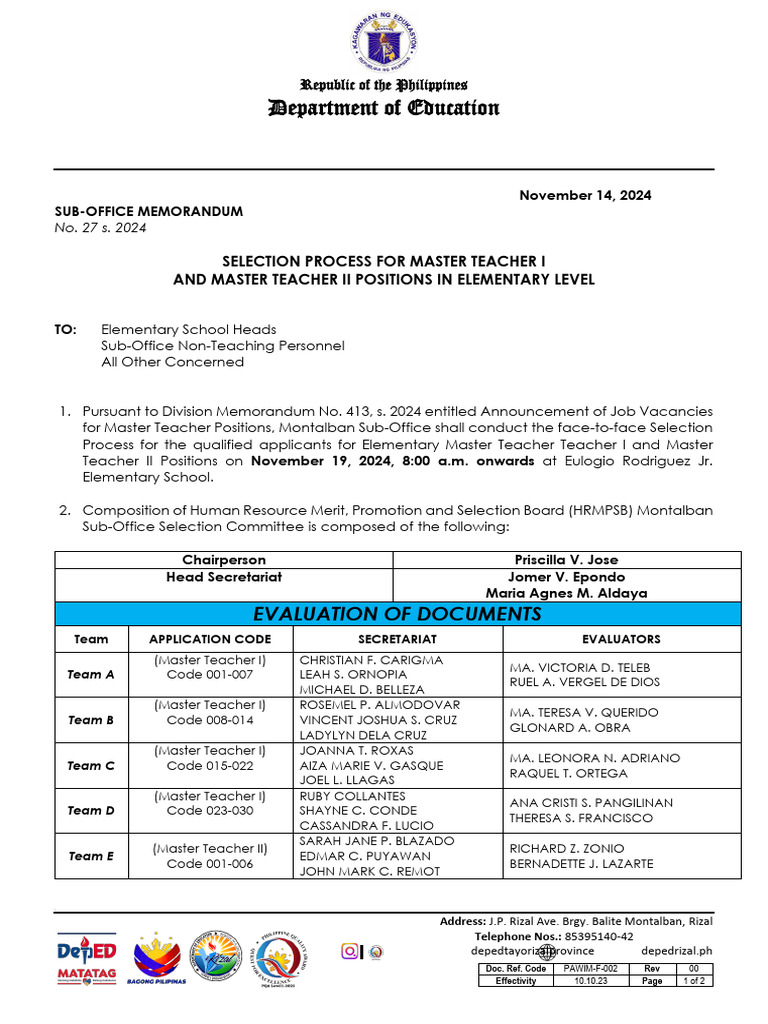 Sub Office Memo On Selection Process For Elementary MT 12 Positions ...