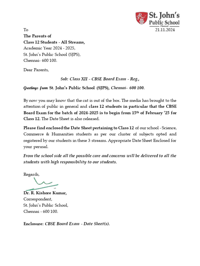 Class 12 - CBSE Board Exam With Date Sheet | PDF