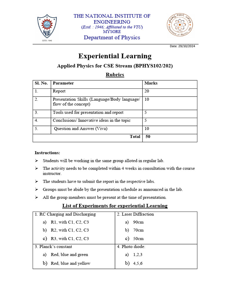 Applied Physics Experiential Learning Rubrics Pdf