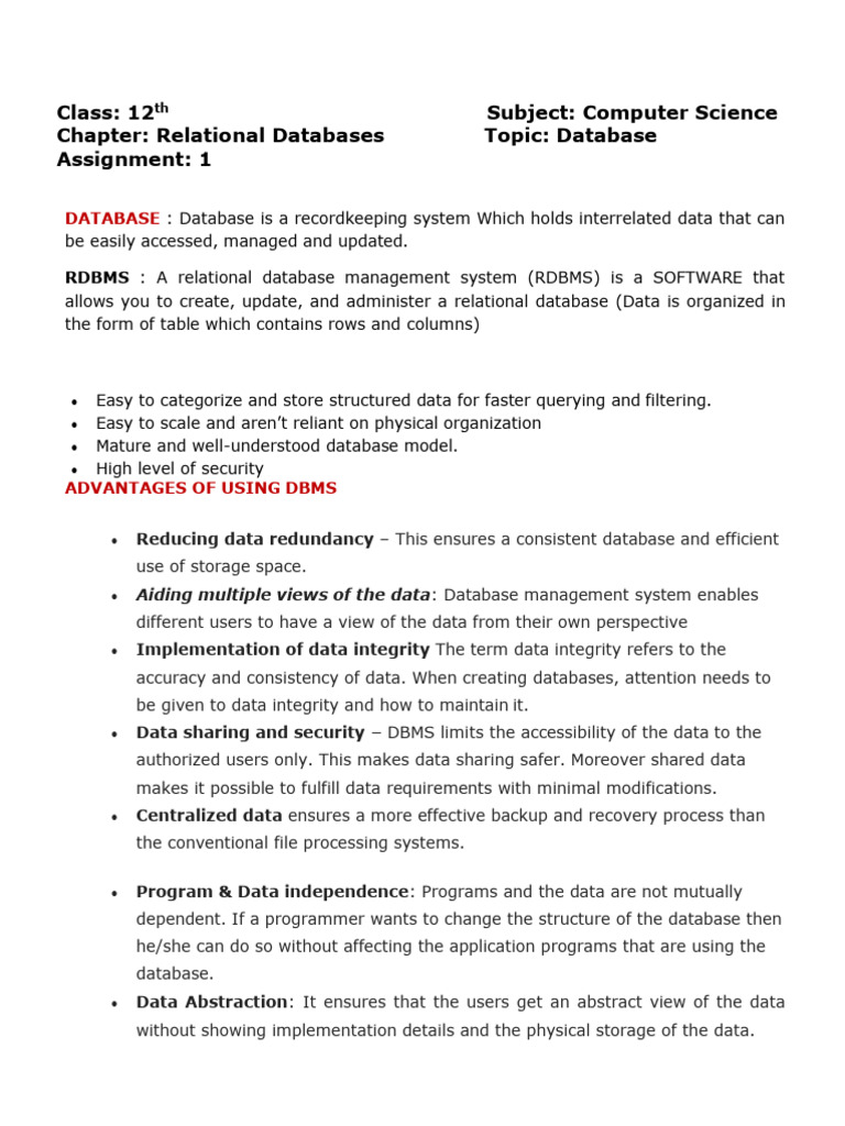 Class: 12 Subject: Computer Science Chapter: Relational Databases Topic: Database Assignment: 1 ...