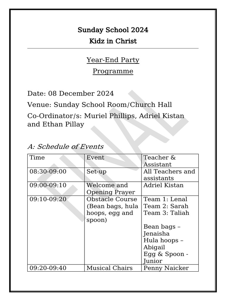 Sunday School 2024 - Year-End Party Programme | PDF | Cooking, Food & Wine