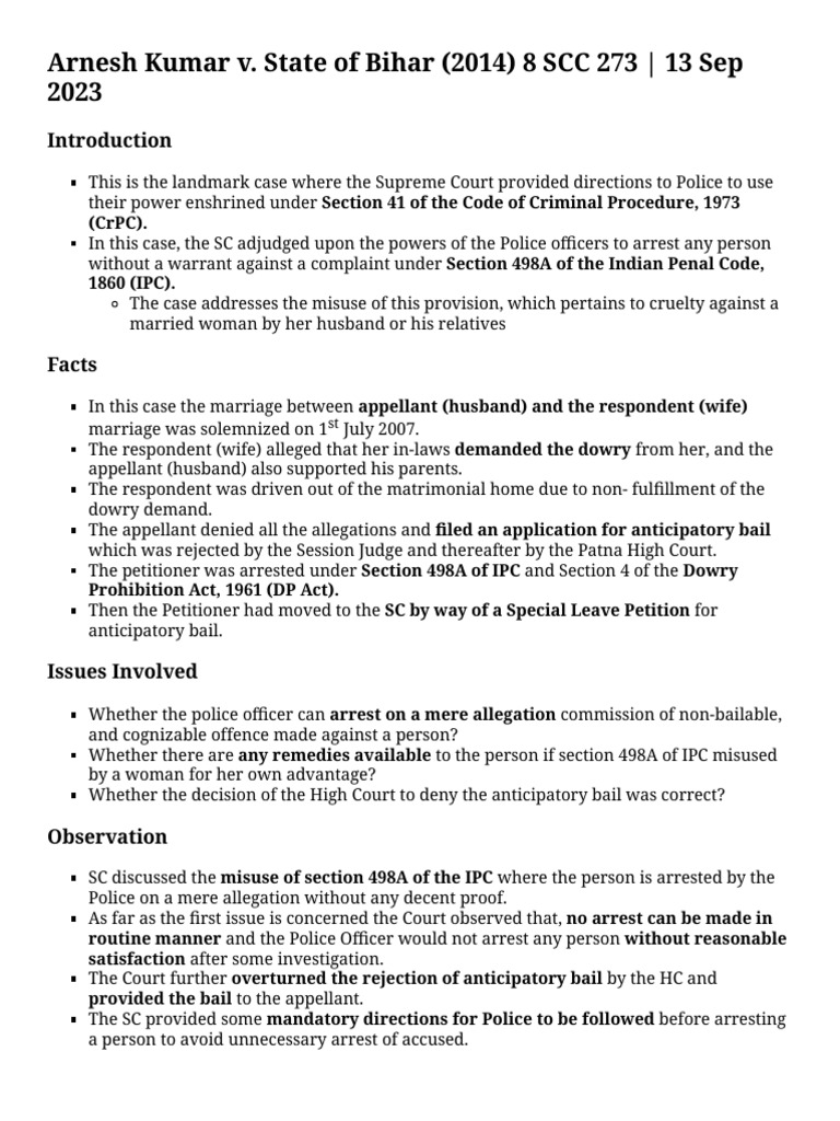 arnesh kumar | PDF | Arrest | Criminal Law