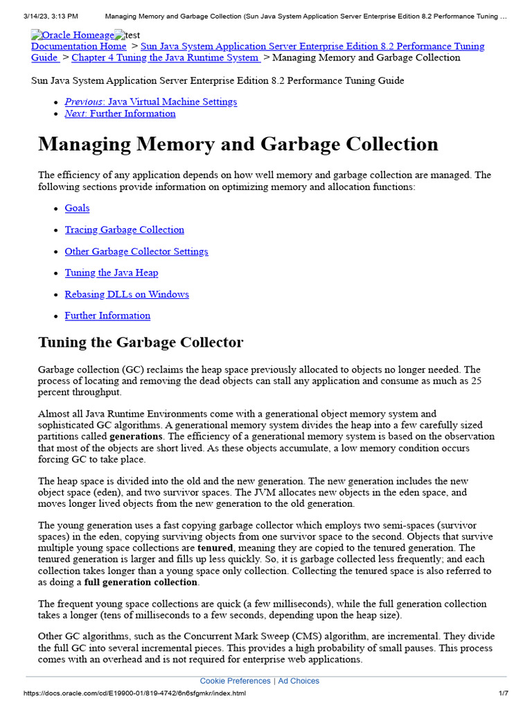 Managing Memory and Garbage Collection (Sun Java System Application Server Enterprise Edition 8. ...