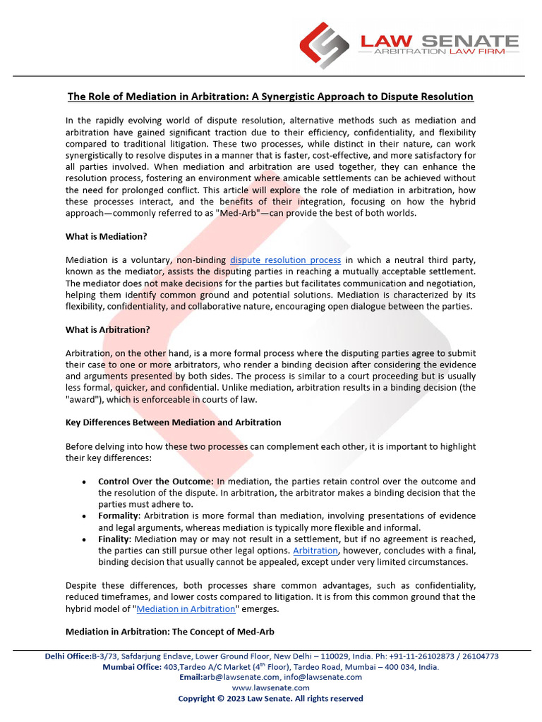 The Role of Mediation in Arbitration A Synergistic Approach To Dispute ...