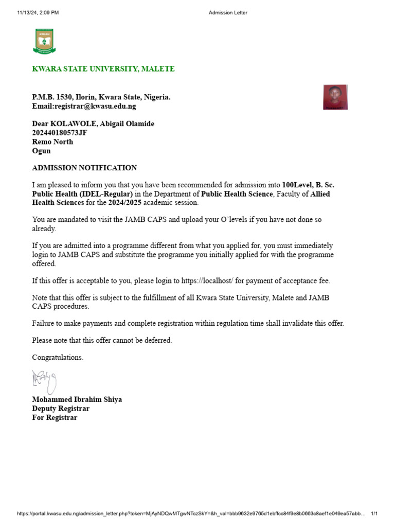 KWASU Admission Letter | PDF | Finance & Money Management