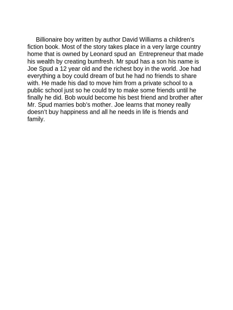 Billionaire Boy: A Tale of Friendship | PDF | Wellness