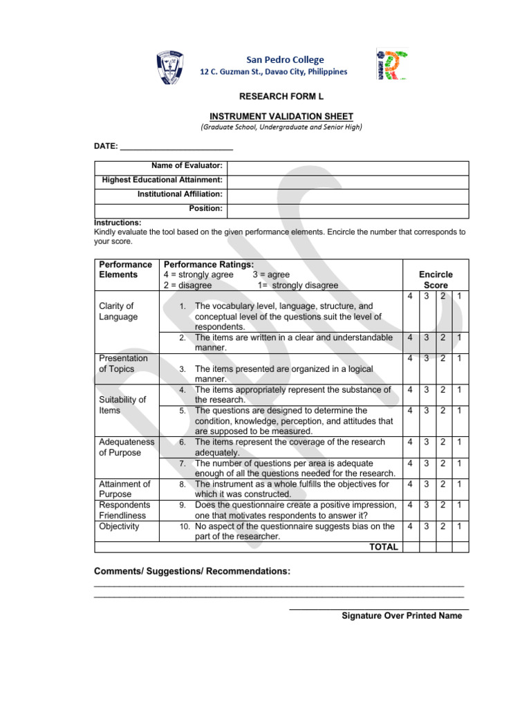 FORM L INSTRUMENT VALIDATION SHEET Graduate School Undergraduate and ...