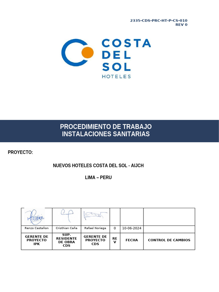 2335-CDS-PRC-HT-P-CS-010 Procedimiento de Trabajo de Instalaciones Sanitarias | PDF | Tubería ...