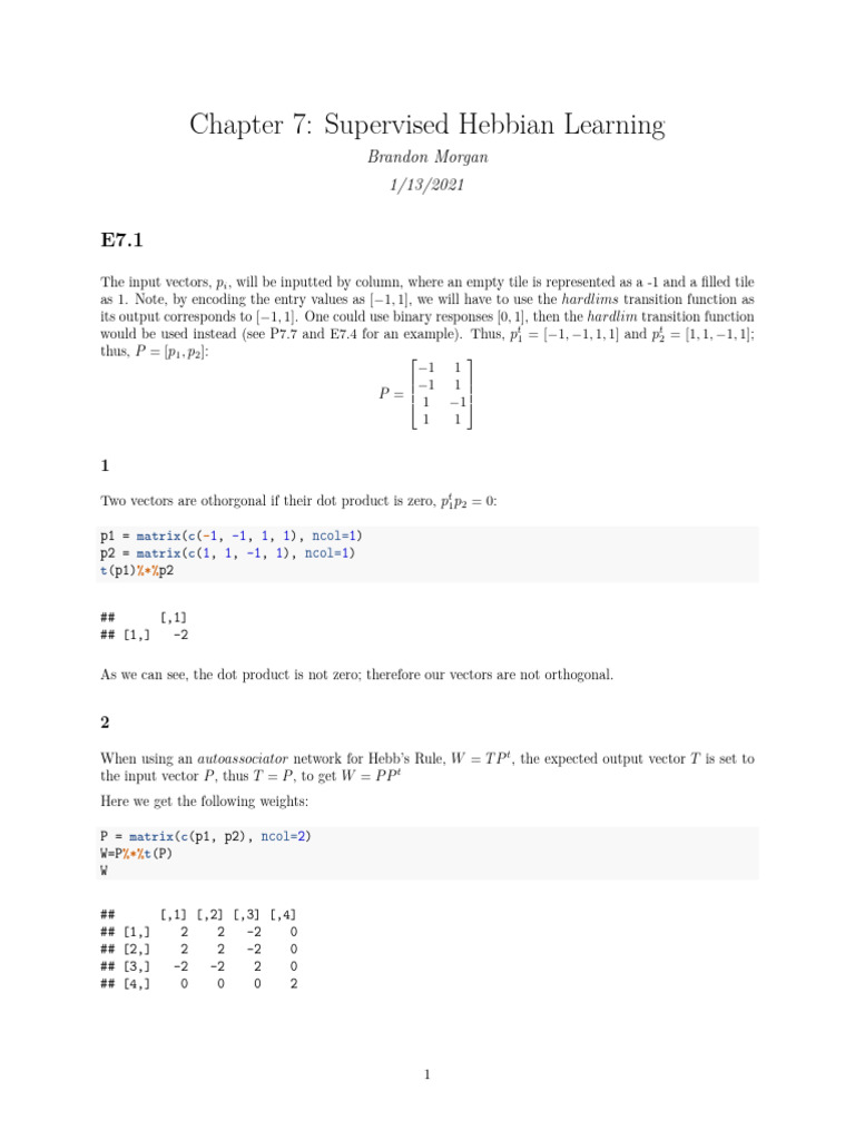 Chapter 7: Supervised Hebbian Learning: Brandon Morgan 1/13/2021 | PDF ...