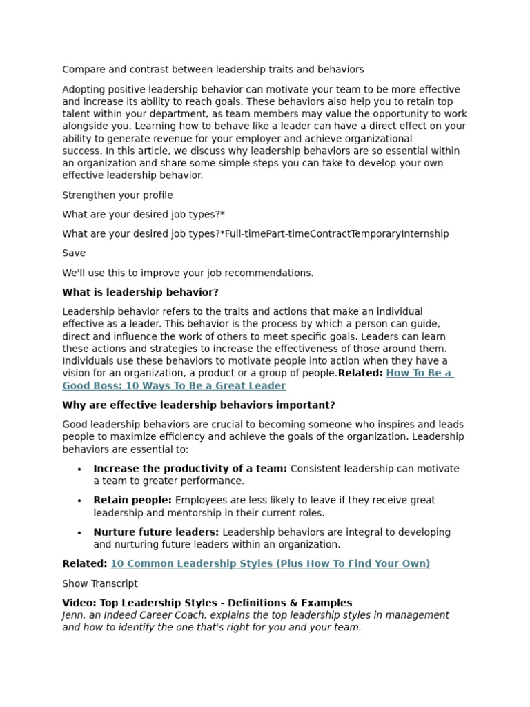 Leadership Traits and Behavior | PDF | Leadership | Goal