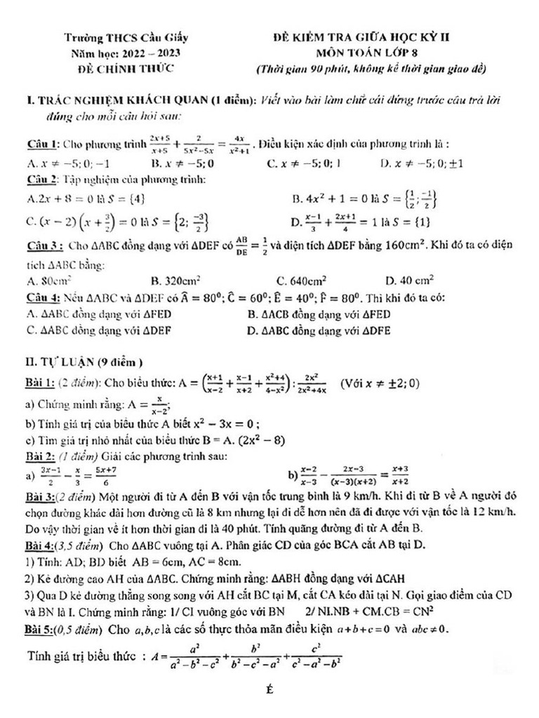 De Giua Hoc Ky 2 Toan 8 Nam 2022 2023 Truong Thcs Cau Giay Ha Noi | PDF