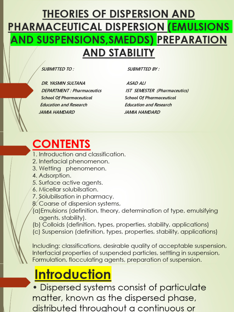 Theories of Dispersion and Pharmaceutical Dispersion Emulsions Asad ...