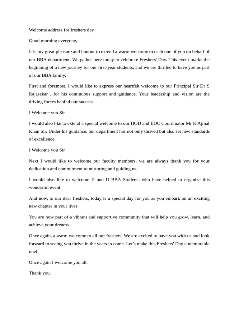 Welcome Address For Freshers Day 2024 | PDF