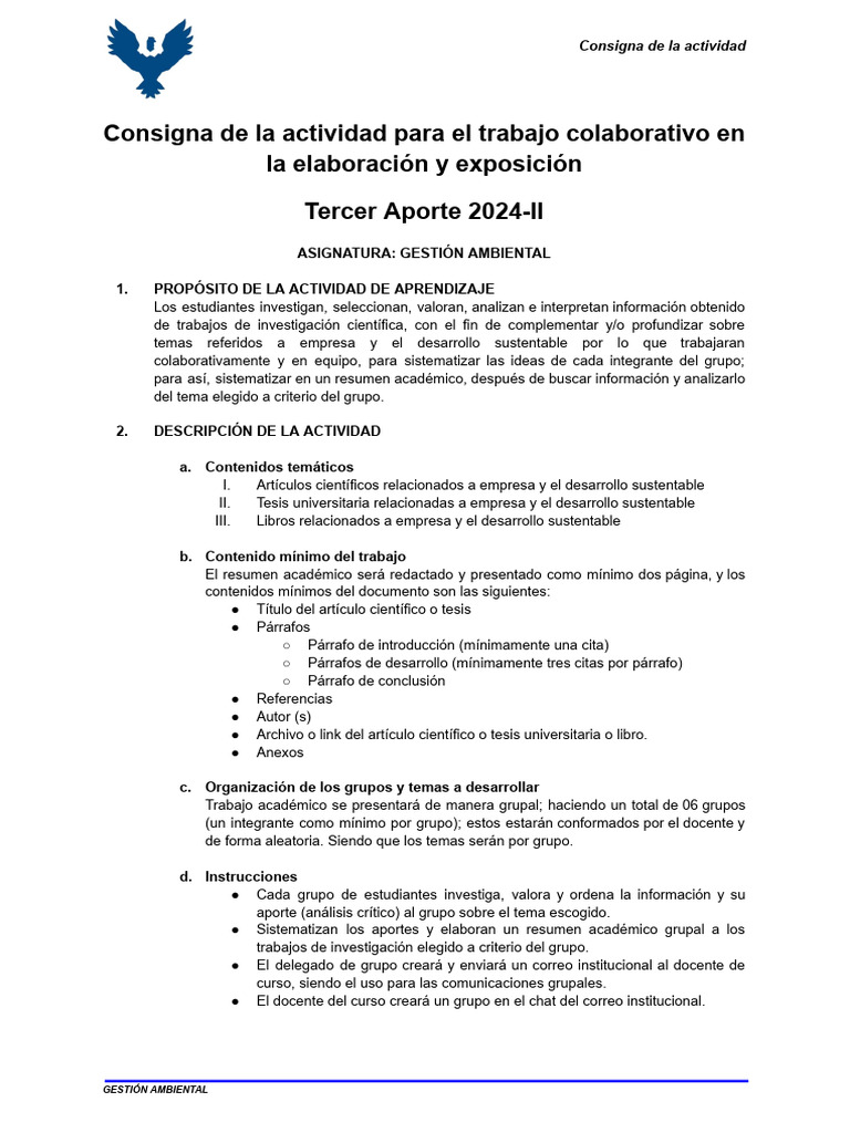 Consigna - Actividad - Texto y Exposición - G. Ambiental - Tercer Aporte - 2024-II | PDF ...