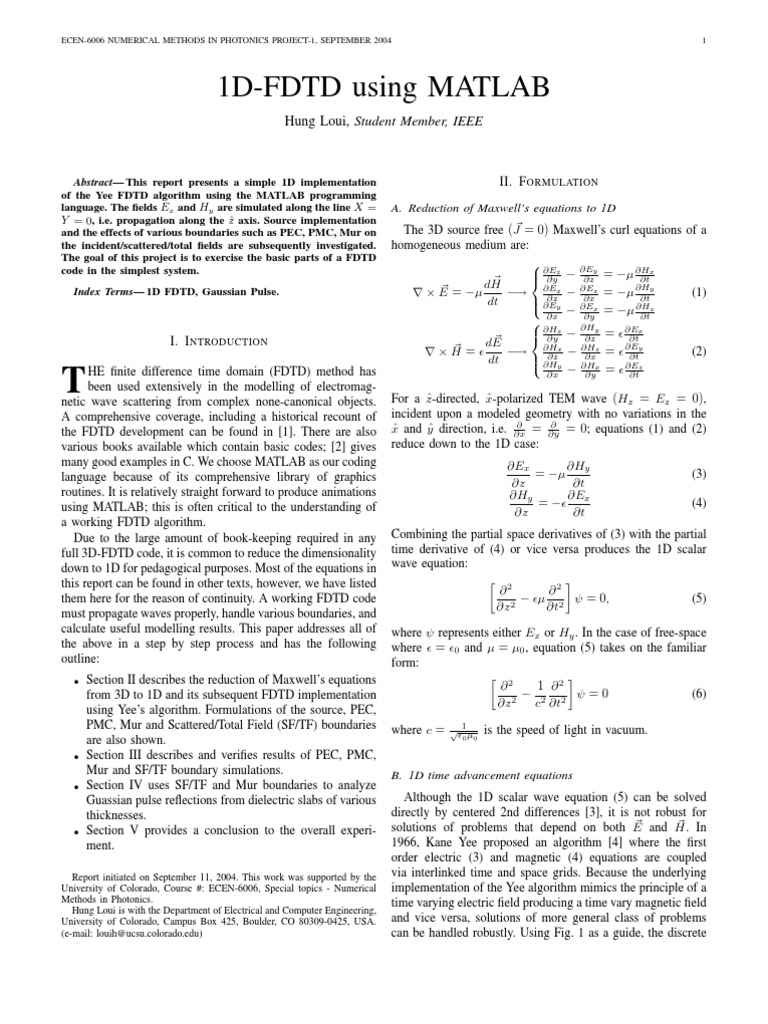 1d Fdtd Using Matlab Pdf Computational Electromagnetics Waves