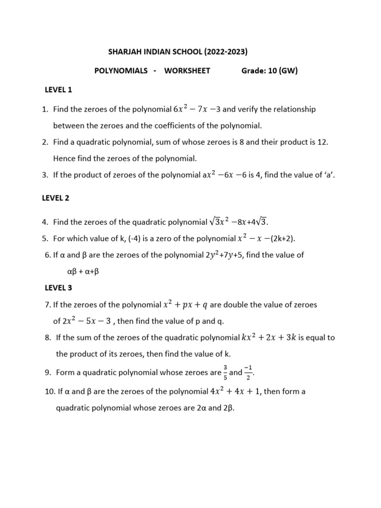 Grade 10 Polynomial Worksheet | PDF