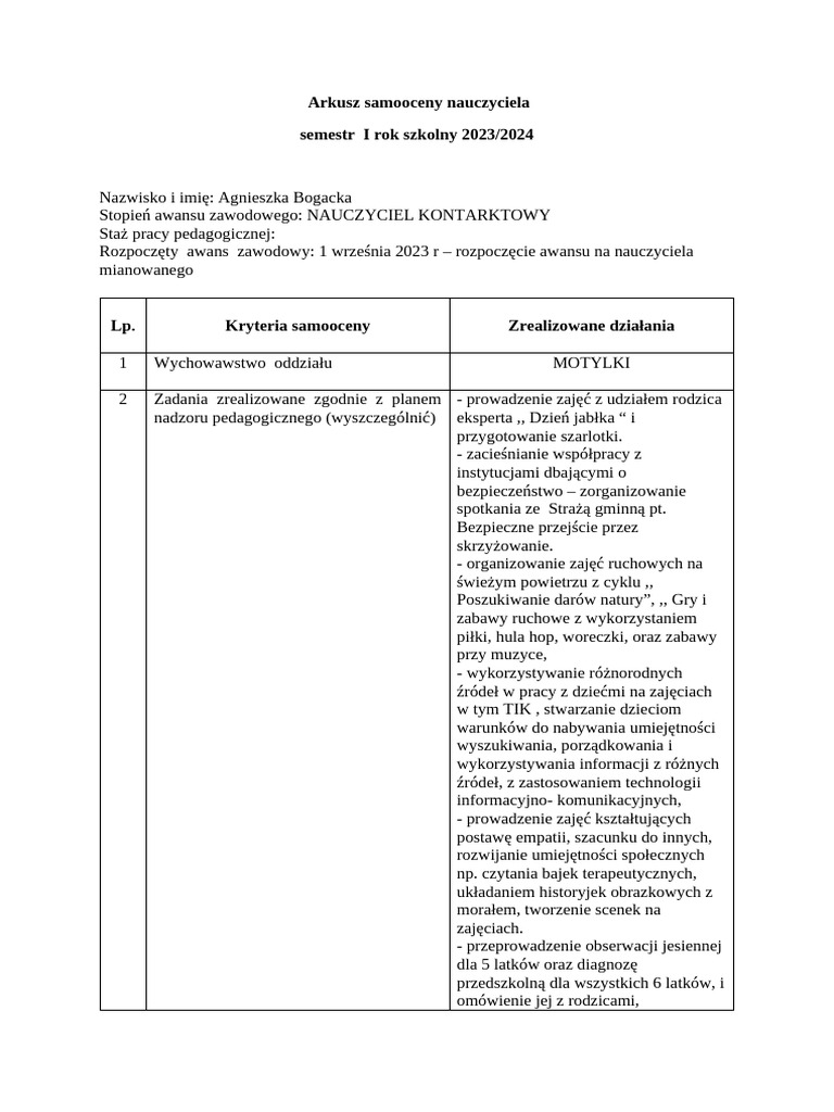Arkusz Samooceny Nauczyciela | PDF