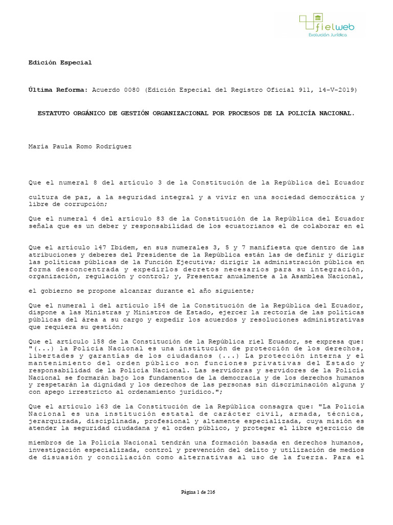 Estatuto Organico de Gestion Por Procesos de La PN Con Registro Oficial ... Estatuto Organico de Gestion Por Procesos de La PN Con Registro Oficial ...