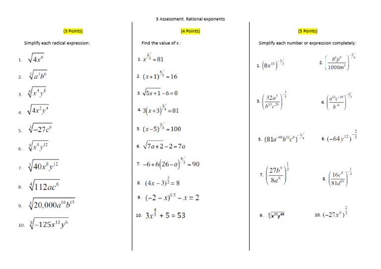 3 Assessment. Rational Exponents2 | PDF