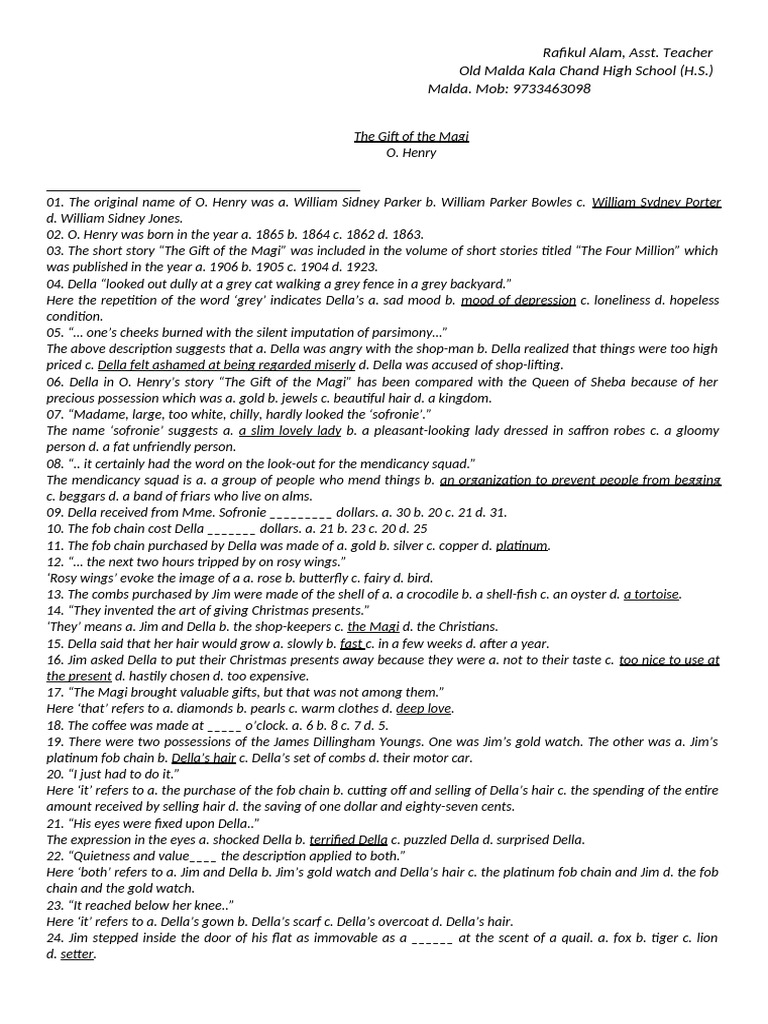 The Gift of The Magi MCQ | PDF