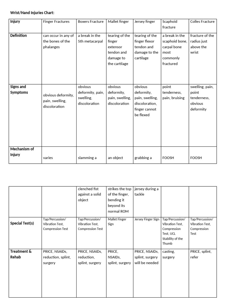 1 Wrist - Hand Injury Chart | PDF | Finger | Musculoskeletal System