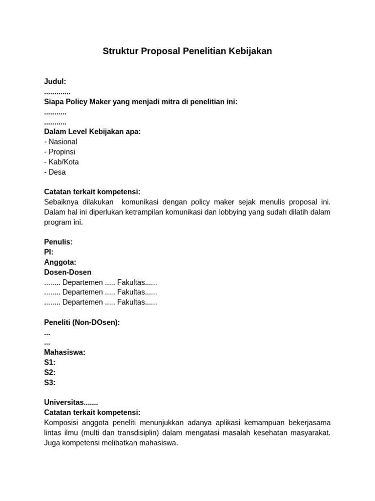 Kisi Kisi Struktur Proposal Penelitian Kebijakan PKMK 2024 | PDF | Bisnis
